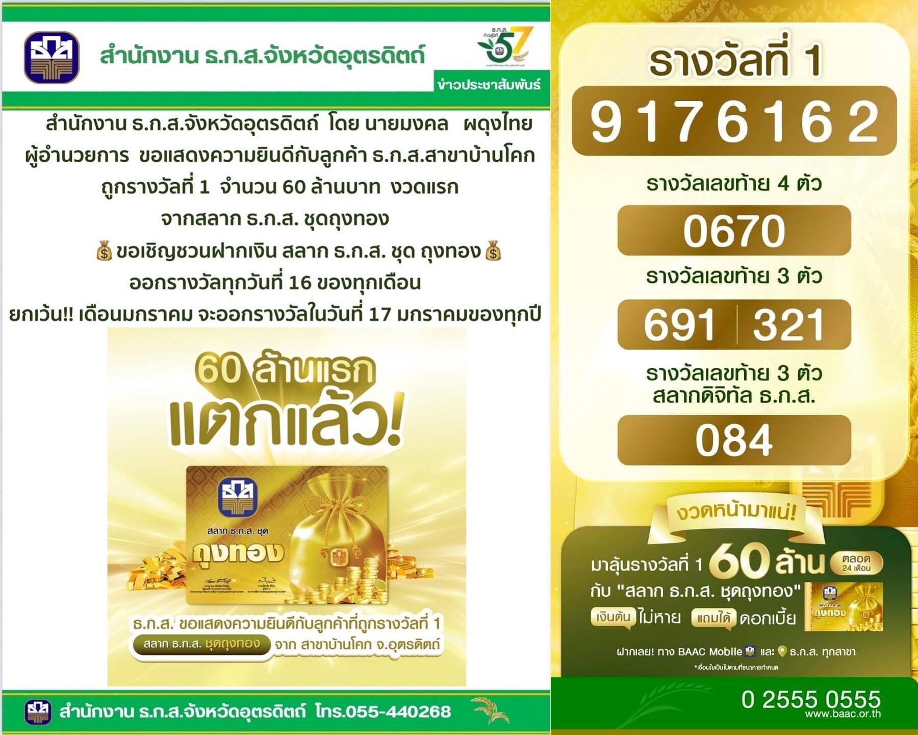 พลิกชีวิตครั้งใหญ่ ชาวสวนอุตรดิตถ์เฮลั่น ถูกสลาก ธ.ก.ส. รับเต็มๆ 60 ล้าน